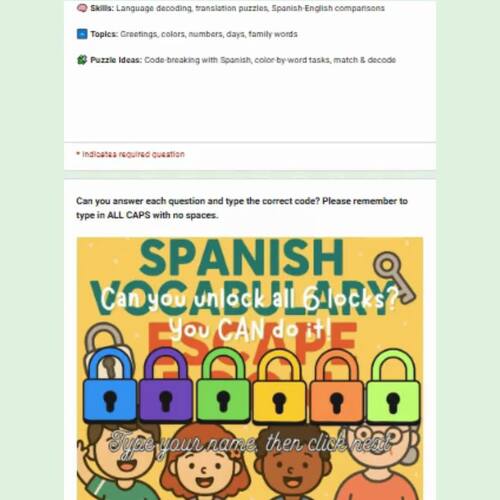 Spanish Vocabulary Escape Room Greetings, Colors, Numbers, Days ...