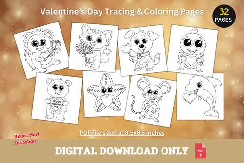 Valentine’s Day Tracing & Coloring Pages – 32 Kawaii Designs for Little ...