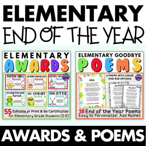End of the Year Awards & Goodbye Poem | Elementary Certificates & Keepsake