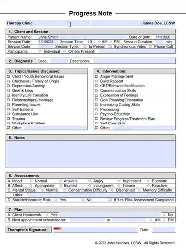 Progress Note Template for Therapists, PDF - Fillable & Editable, Printable