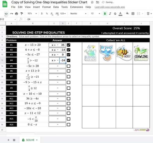 GOOGLE SHEETS Math Solving One-Step Inequalities DIGITAL STICKER CHART