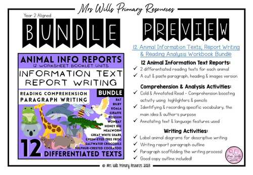 12 Animal Information Texts, Report Writing & Reading Analysis Workbook Bundle