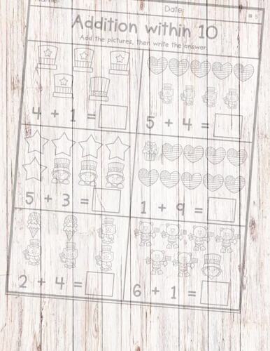 4th of July Picture Addition Within 10 Worksheets | Summer Math for ...