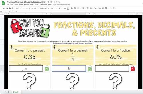 Converting Fractions Decimals and Percents Self-Checking Digital Escape ...