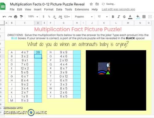 Multiplication Facts 0-12 Digital Picture Puzzle Reveal by Teaching by ...