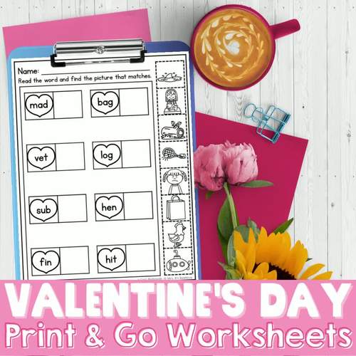 Valentine’s Day Phonics and Math Activities Print and Go Worksheets for ...
