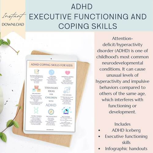 ADHD iceberg and infographics, executive functioning skills, calming corner