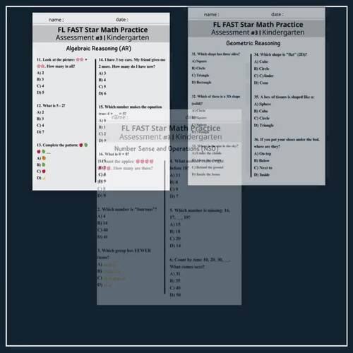 FL FAST RENAISSANCE Star Math Practice Assessment #3 | Kindergarten ...