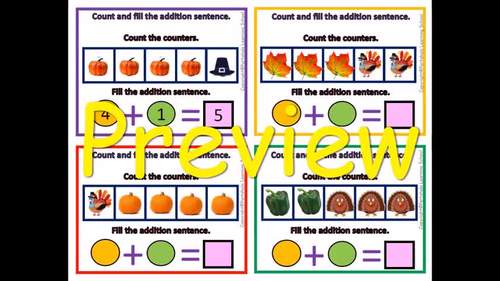THANKSGIVING-Addition with 5 Frames– Task cards and Worksheets Activities.