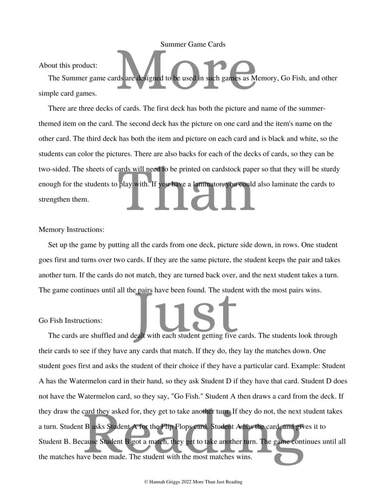 Summer Matching Game Cards for Memory and Go Fish by More Than Just Reading