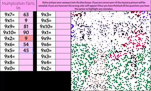 Multiplication Facts 9s Valentines Day Math Pixel Art Mystery Picture