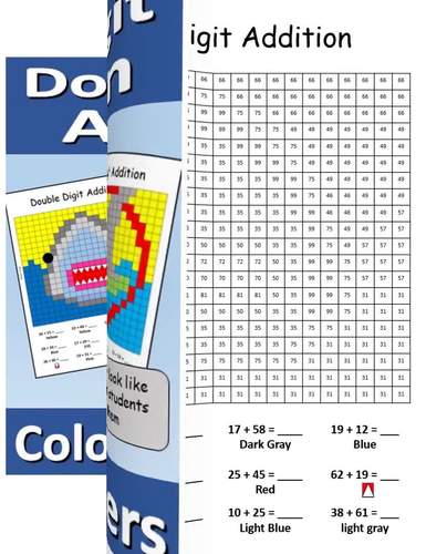 Double Digit Addition - Color by Numbers - Shark Fin, Shark Head, and a ...