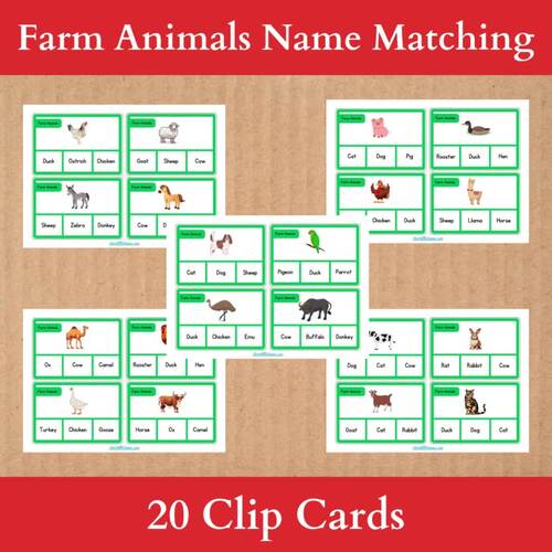 20 Farm Animals Name Matching Clip Cards | Match Animals with Their Names