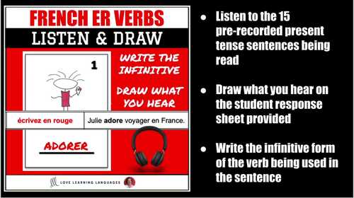 French Regular ER IR RE Verbs Listening Comprehension & Writing BUNDLE