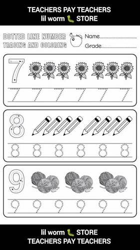 Counting 1-9 (ver.3) DOTTED LINE NUMBER TRACING AND COLORING by lilworm