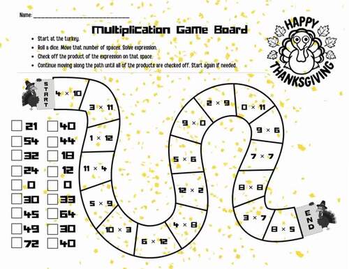 Thanksgiving Multiplication Game Board by WeTeachByTheBeach | TPT