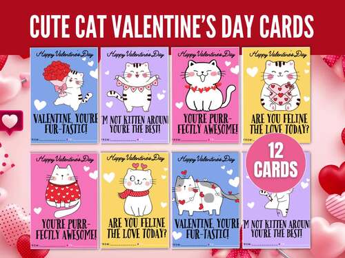 12 Printable Cute Cat Valentine Cards for Kids (Classroom Exchanges)