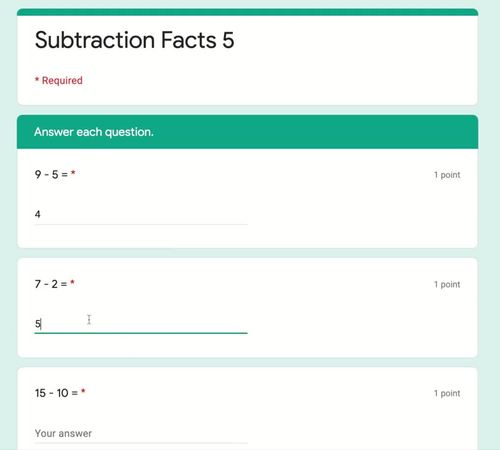 Self Grading Subtraction Math Facts 0 - 10 Google Form Assessment Bundle