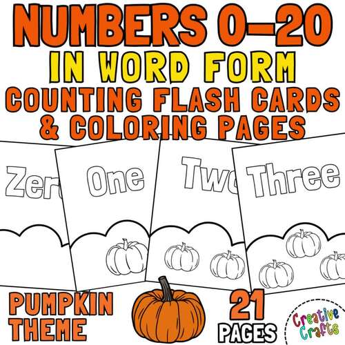 Black & White Flashcards Counting Numbers 0-20 in Word Form: Pumpkin Theme