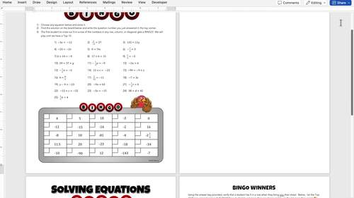 Solving One-Step Equations Math Worksheet Fun Thanksgiving Review Activity