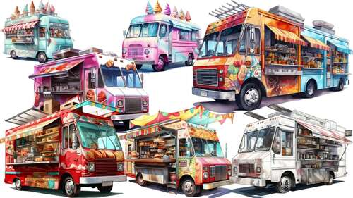 Watercolor Food Trucks Clipart Set of 20 Files by ArtisticTimberStudio