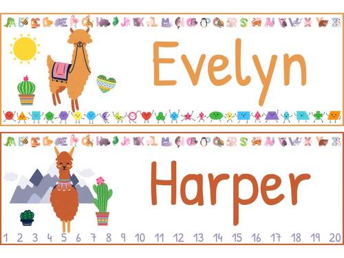 Editable Llama Desk Name Tags for Students: 30 Designs, 8.5"x11", 2/Page
