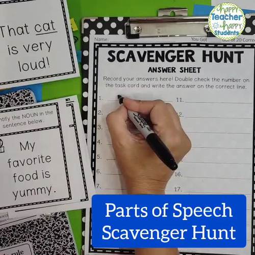 Parts of Speech Scavenger Hunt Activity: 20 Noun, Verb and Adjective ...