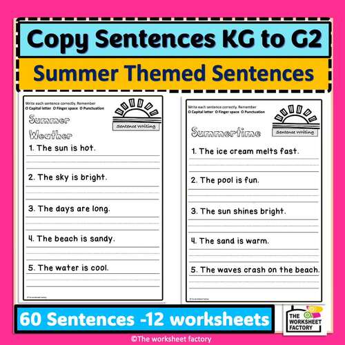 Summer themed Copy Sentence Worksheets| Sentence Writing Practice-KG to G2