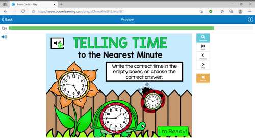 Telling Time to the Minute Spring and Summer BOOM Cards™ Reading a Clock