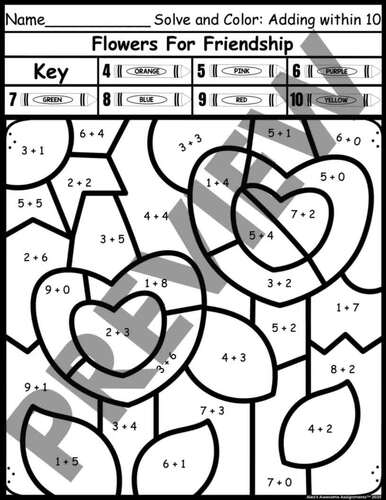 Color by Number: Valentine's Day Adding and Subtracting within 10 ...