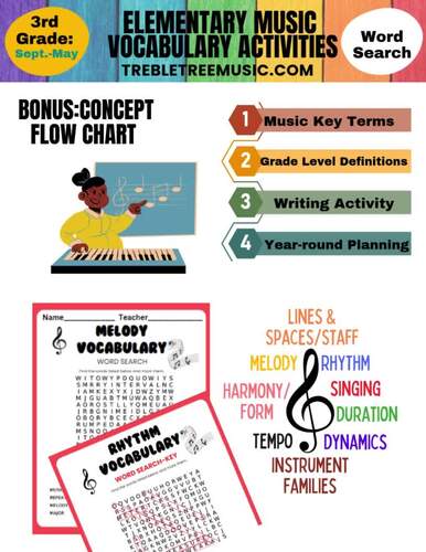 3rd Grade Elementary Music Vocabulary Activities WORD SEARCH! Treble Tree