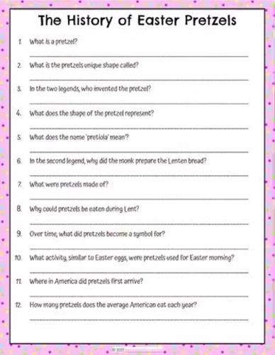 History of Easter Pretzels Reading Comprehension Worksheets | TPT