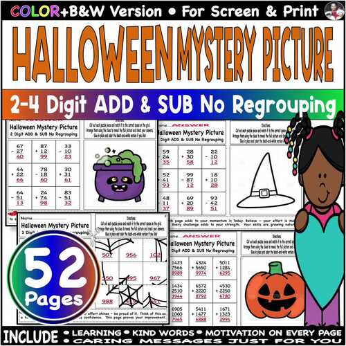 2 3 4 Digit Addition & Subtract Without Regrouping | Halloween Mystery ...