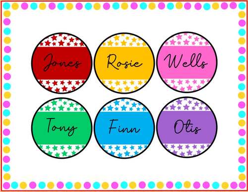 Printable Bright Stars Student Name Labels, Kindergarten Round Name Labels