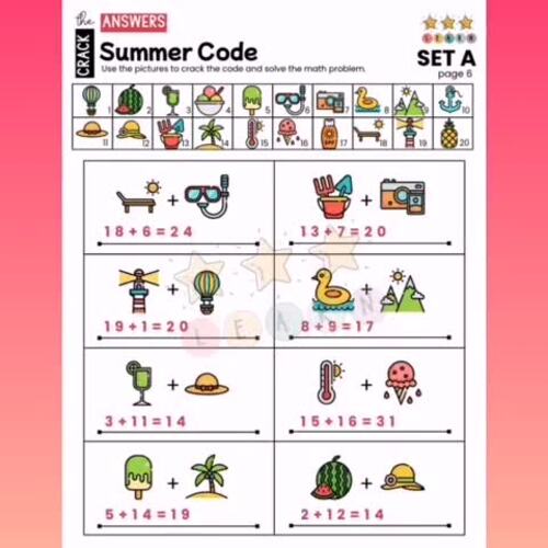 Summer Addition| Crack the Code Worksheets | Adding 2-3 Numbers | No Prep