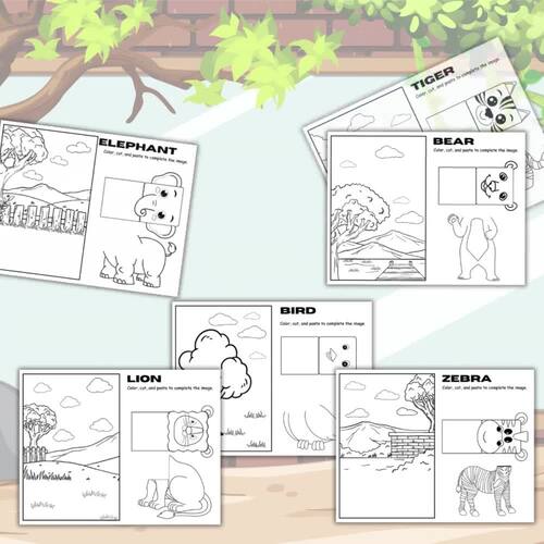 Zoo Animal Crafts for Kids | 10 Page Color, Cut, Paste Activity | Printable