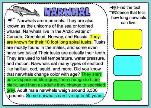 Narwhals Finding Text Evidence Reading Comprehension Boom Cards | TPT