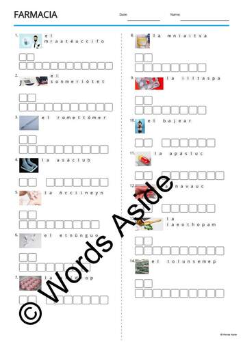 Spanish Vocabulary Writing Spelling Worksheets Crossword Anagram PHARMACY