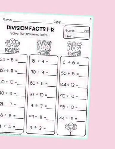 100th Day of School Division Facts 1–12 Worksheets No-Prep Math ...