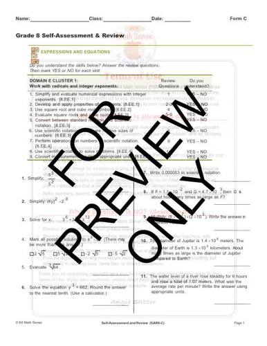 8th-9th Grade Math Self-Assessment BUNDLE, Forms A-D | Pretests, Posttests