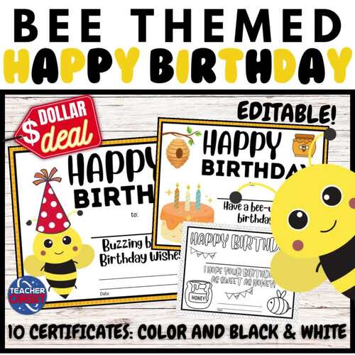 Bee Happy Birthday Certificates Coloring Back to School Editable