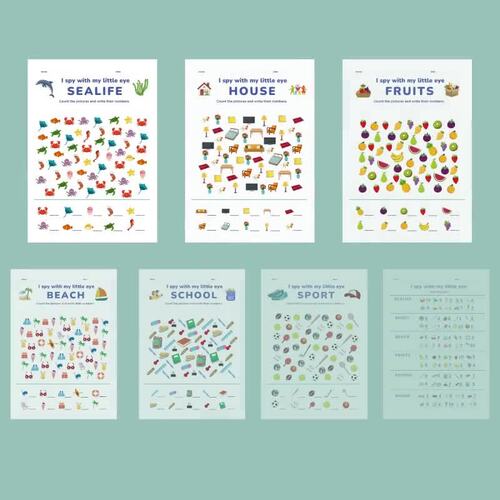 6 Pages Count the pictures and Write Number with answer by Wrapidea