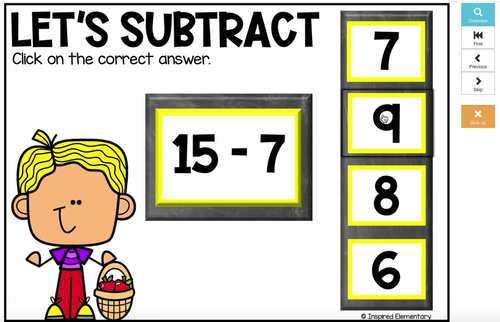 Subtraction Math Facts Differences to 20 Boom Cards™ by Inspired Elementary