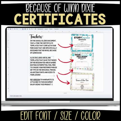 10 End of Book Reading Certificates for Because of Winn-Dixie, Awards