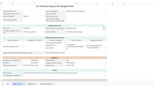 Tier 2 Behavior Support Plan Spreadsheet Template | MTSS PBIS ...
