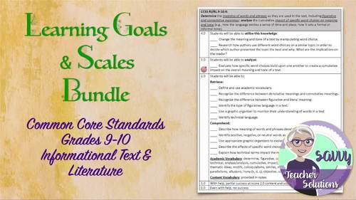 Learning Goals & Scales BUNDLE Common Core RI, RL & W Standards Grades 9-10
