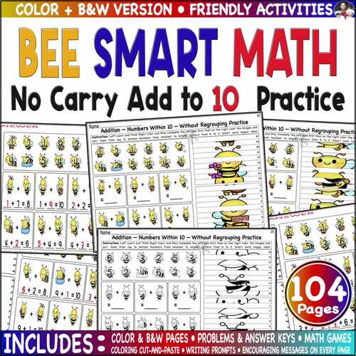 Bee Math Addition Worksheets | No Regrouping Practice Facts Within Ten ...