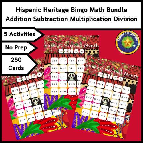 Hispanic Heritage Bingo Math Bundle Addition Subtraction Multiplication ...