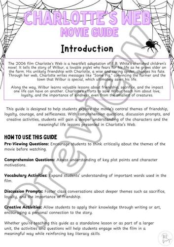Charlotte's Web Movie Guide: Activities, Worksheets, and Discussion Prompts