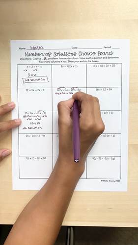 Solving Multi Step Equations - Number of Solutions Worksheet Choice Board